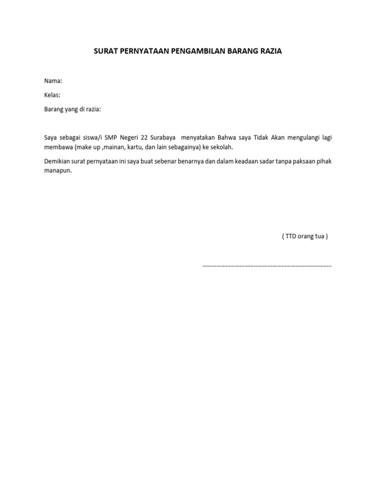 Contoh Surat Pernyataan Pengambilan Barang Razia | PDF