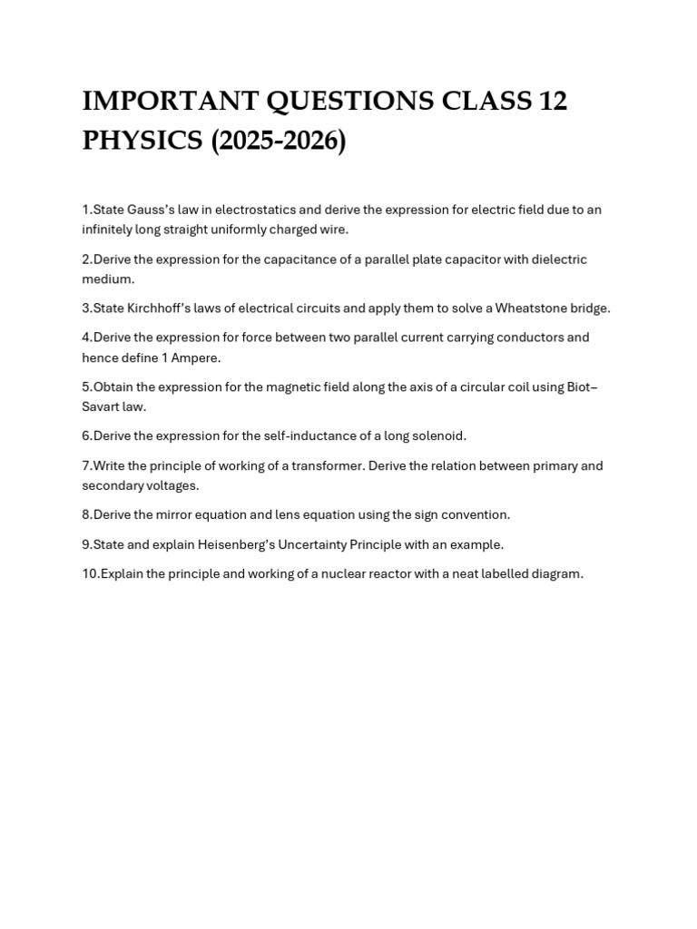 Important Questions Class 12th Physics | PDF