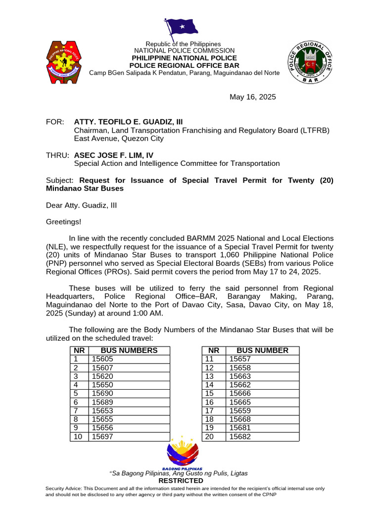 Special Travel Permit Request for PNP Buses | PDF | Mindanao | Philippines