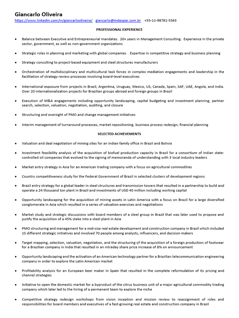 Giancarlo Oliveira's Professional Resume | PDF | Brazil | Mergers And ...