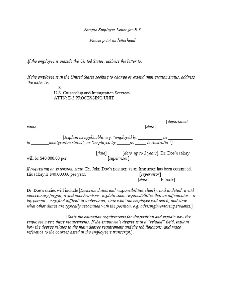 E-3 Sample Employer Letter | PDF