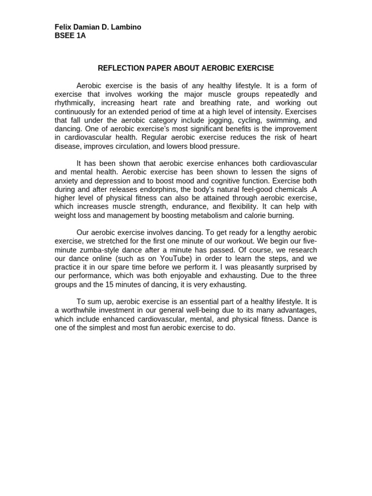 Reflection Paper About Aerobic Exercise | PDF