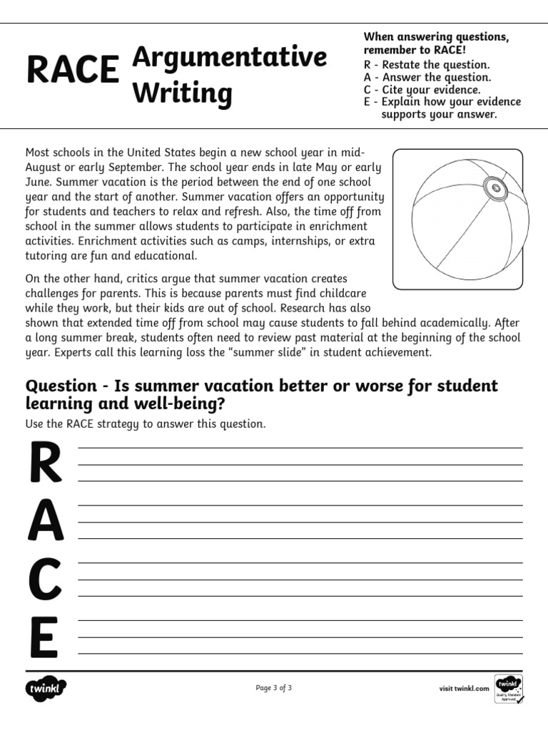 BW RACE Argumentative Writing Practice Worksheet (Dragged) 4 | PDF