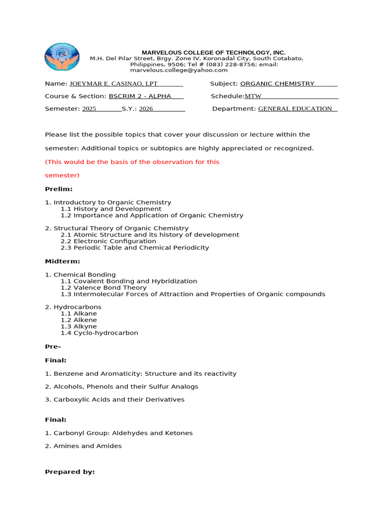 Subject-Course-Outline - Organic Chemistry - Bscrim 2 - Alpha | PDF