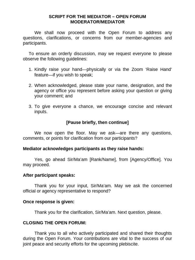 Open Forum Mediator Script Guide | PDF
