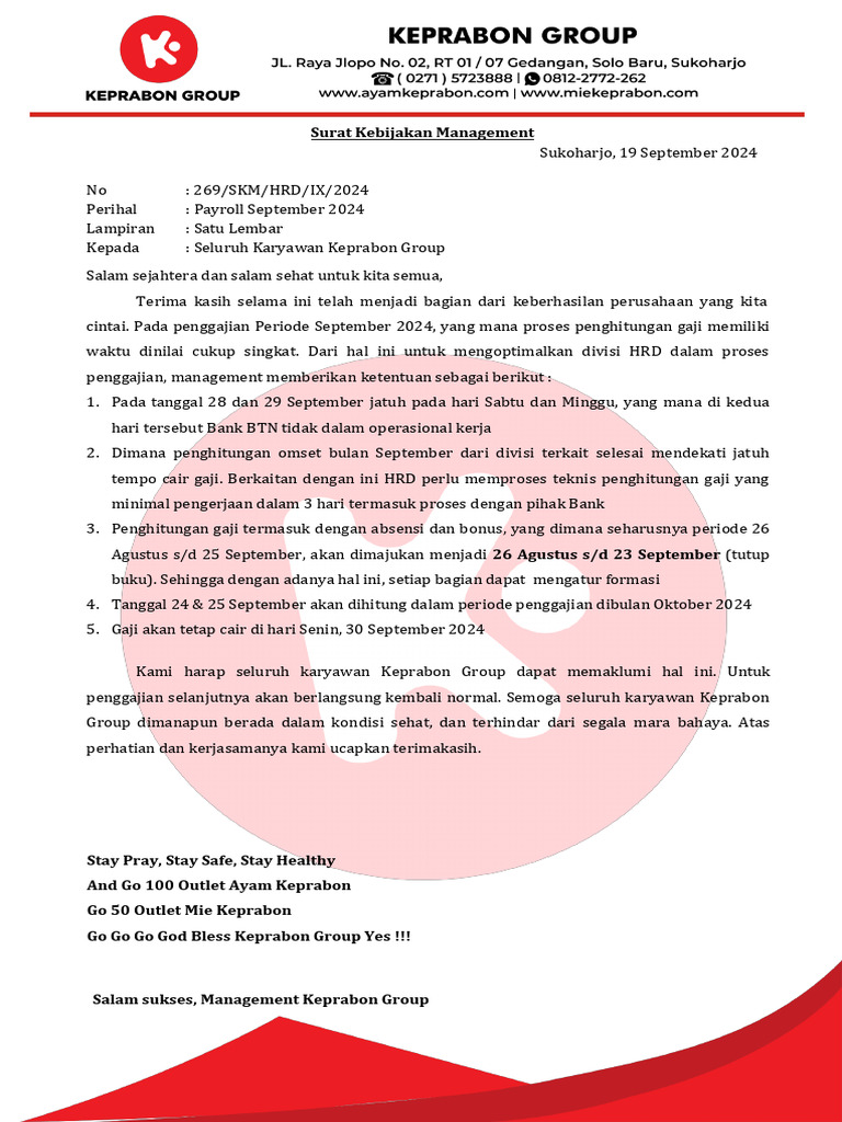 Surat Kebijakan Payroll September 2024 | PDF
