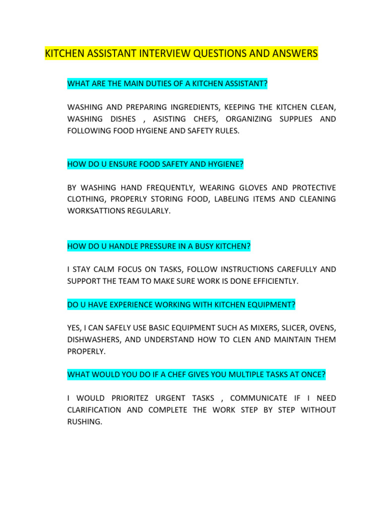 Kitchen Assistant Interview Q&A Guide | PDF