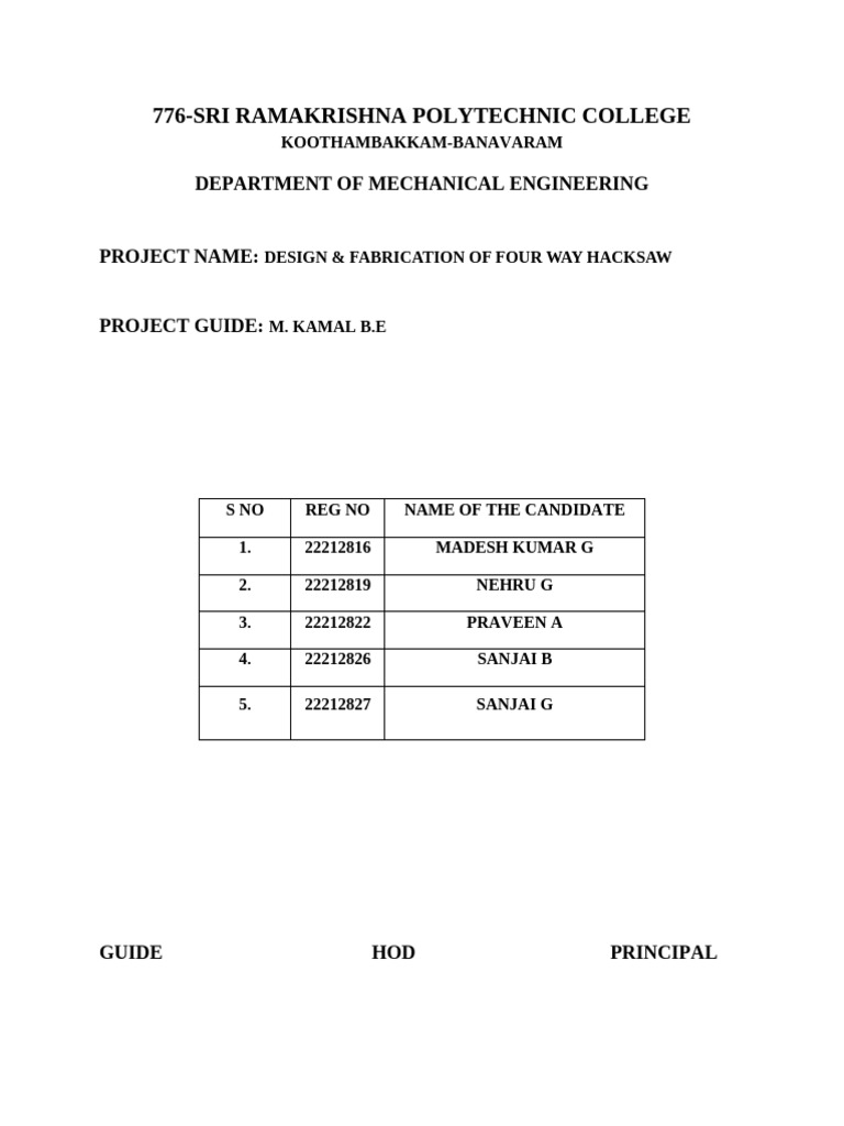 Design and Fabrication of Four Way Hacksaw-PRO - 2 | PDF | Manufactured ...