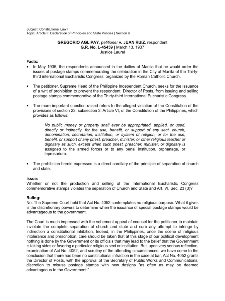 Aglipay v. Ruiz: Church and State Separation | PDF | Separation Of ...