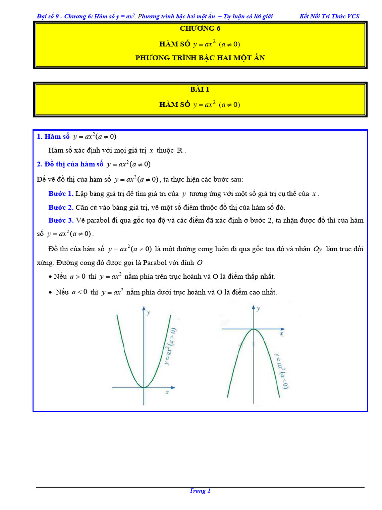 Cac Dang Bai Tap Ham So y Ax2 A 0 Va Phuong Trinh Bac Hai Mot An Toan 9 Knttvcs Trang 1 | PDF