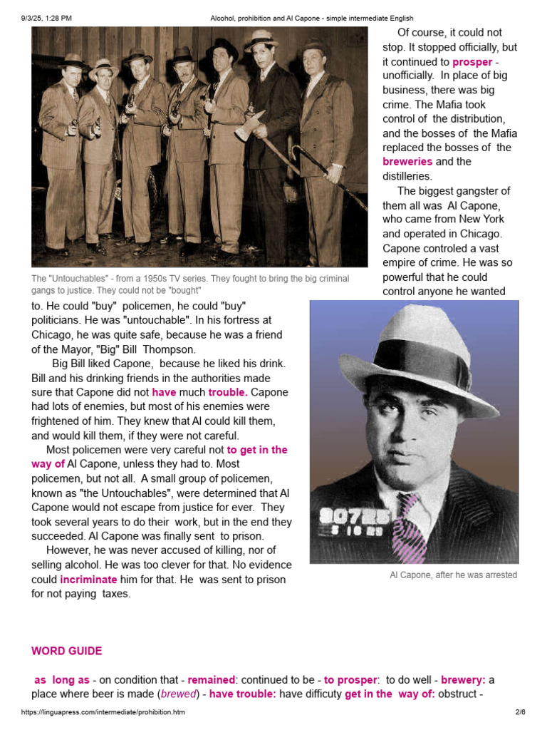Alcohol, Prohibition and Al Capone - Simple Intermediate English | PDF ...