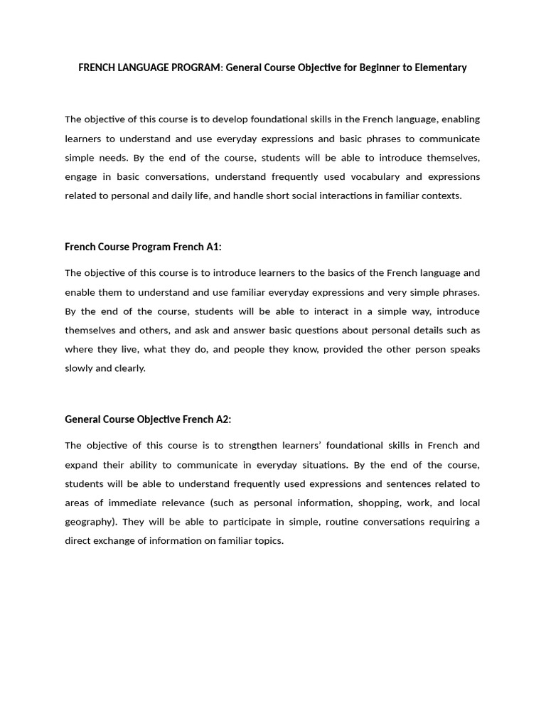 French Language Program - General Course Objective | PDF
