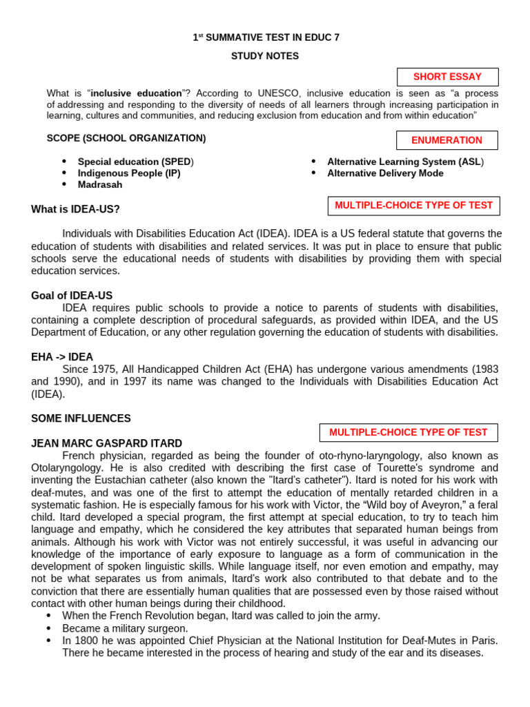1st Summative Test Study Notes | PDF | Inclusion (Education) | Special ...