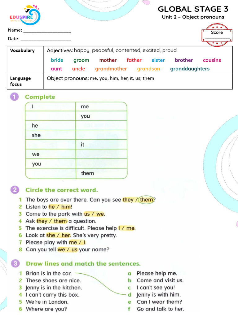 Object Pronouns Vocabulary Worksheet | PDF