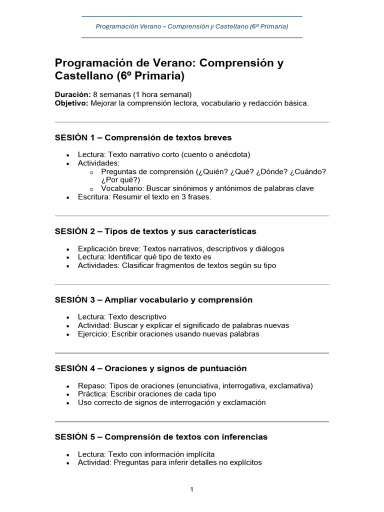 Programación de Verano - CASTELLANO | PDF | Puntuación | Oración ...