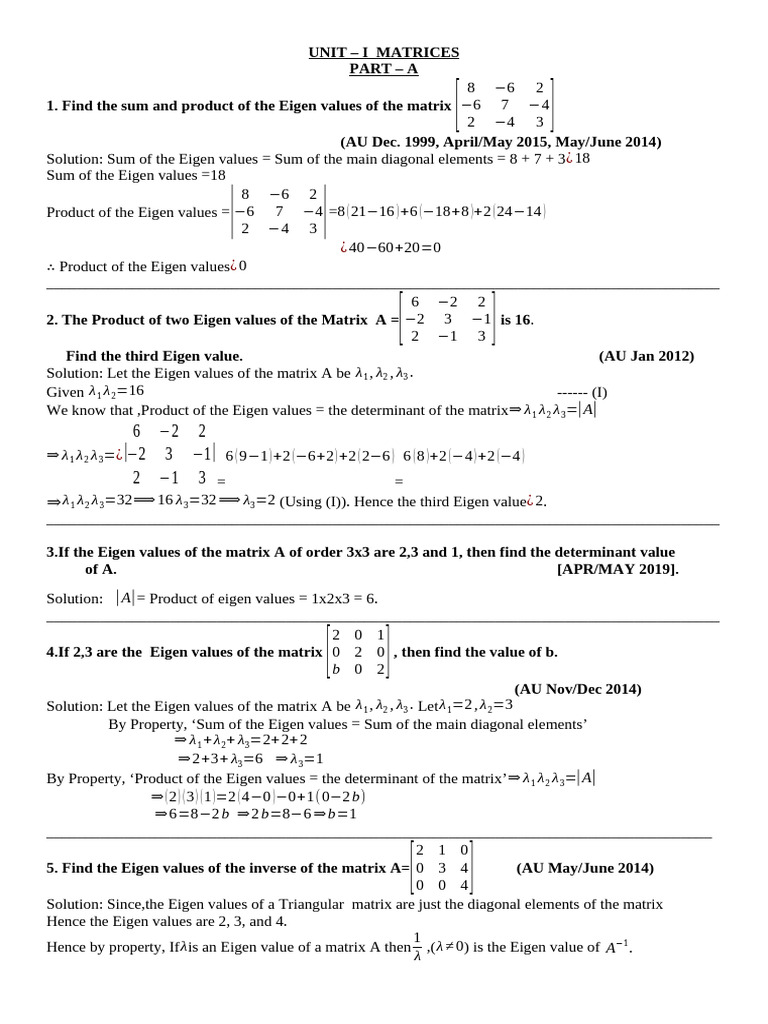 (Unit 1-Martices)( Part A & B ) (1) | PDF | Eigenvalues And Eigenvectors | Matrix (Mathematics)