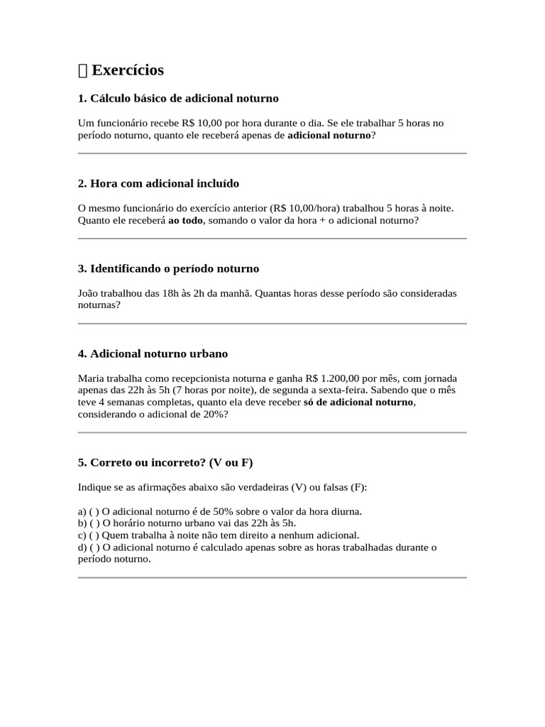 Aula 8 Exercicios Praticos de Adicional Noturno | PDF