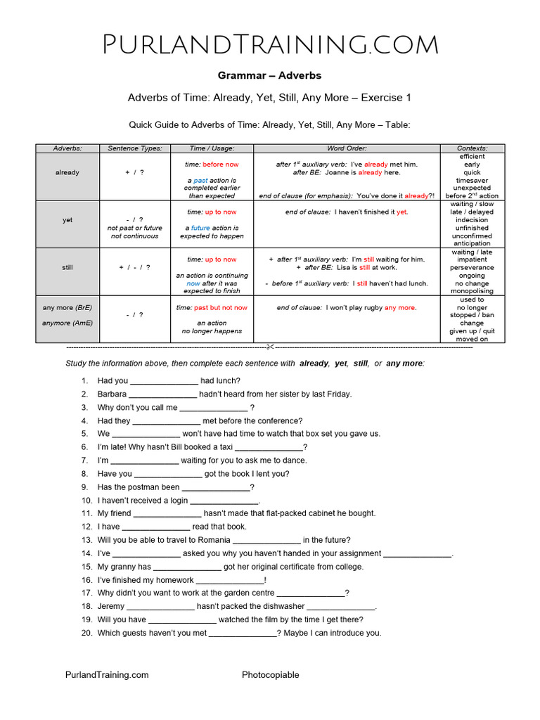 Adverbs of Time: Exercise Guide | PDF | Linguistic Typology | Language ...