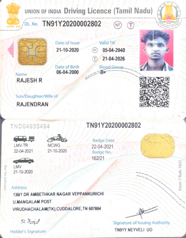 UNION of INDIA Driving Licence (Tamil Nadu) | PDF