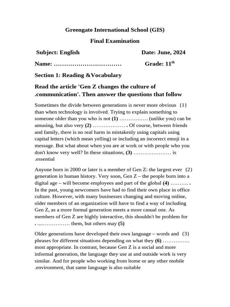 11th Grade Final Exam 2024 | PDF | Adverb | Communication