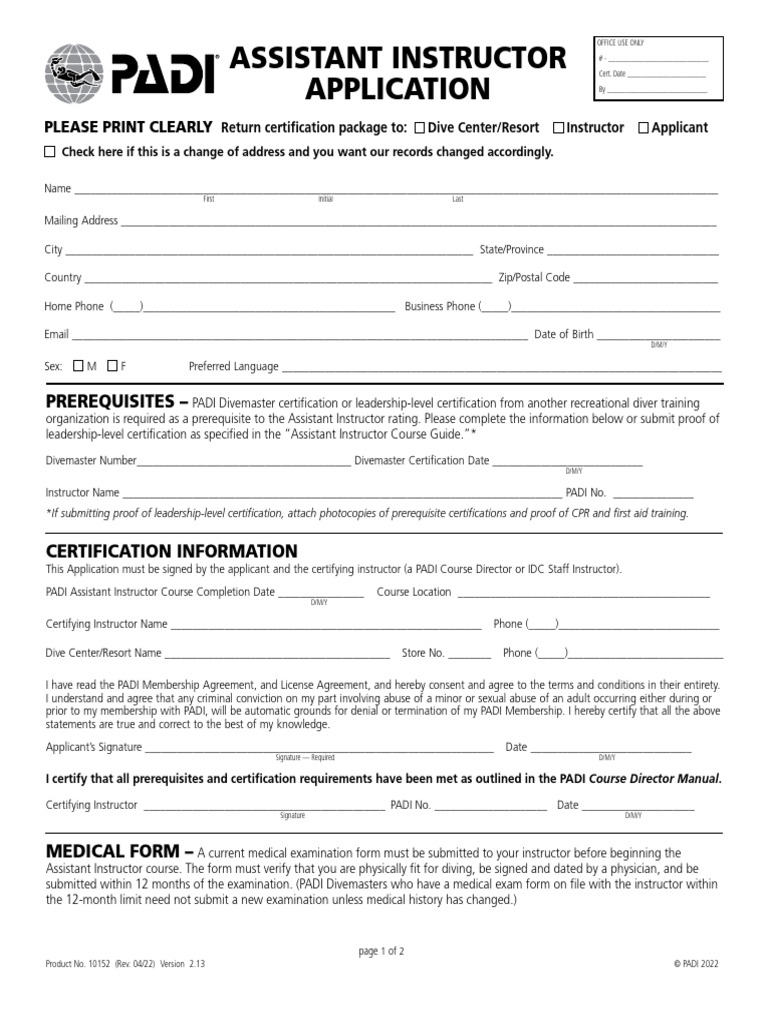 Assistant Instructor Application | PDF | Underwater Diving