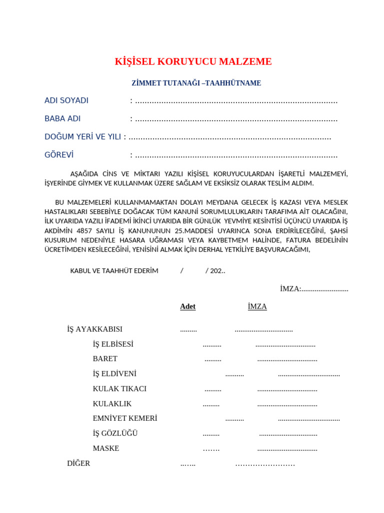Zimmet Tutanağı - Taahhütname | PDF