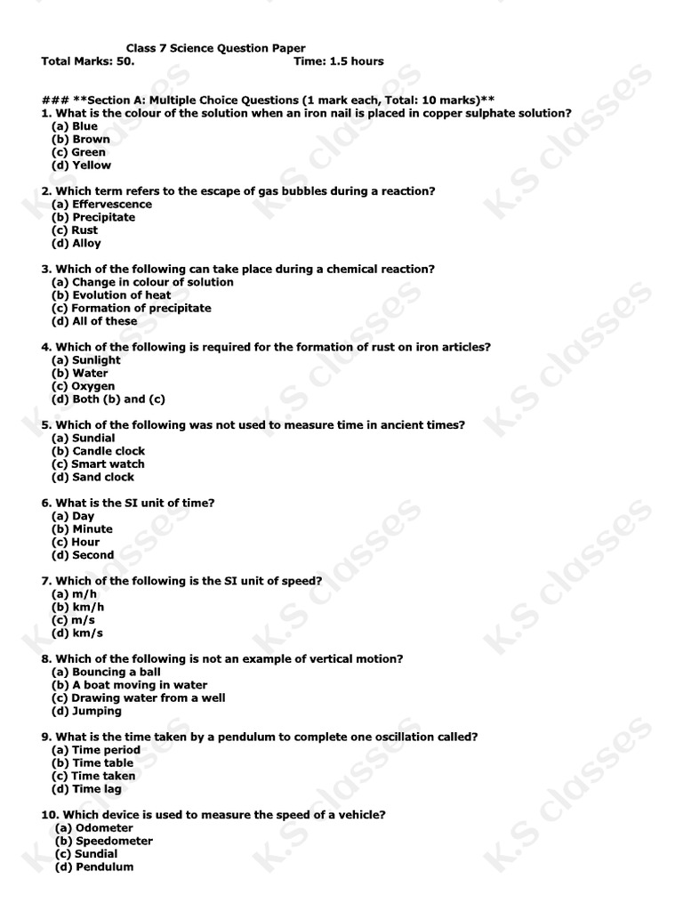 Class 7 .PDF Science Question | PDF