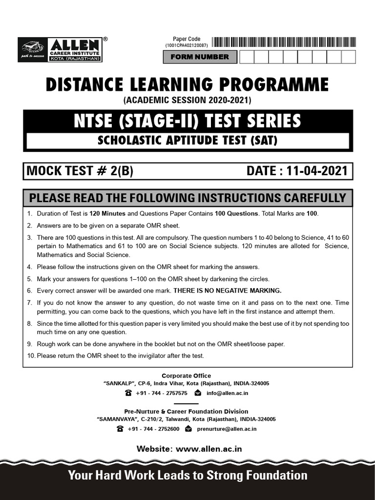 NTSE Stage-II Mock Test Instructions | PDF | Atoms | Carbon