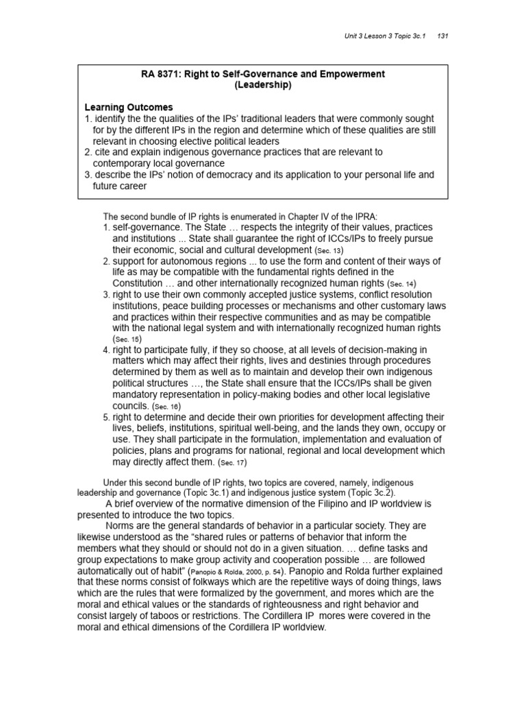 Unit 5 Lesson 1.C - RA 8371 - Right To Self-Governance and Empowerment (Leadership) | PDF ...