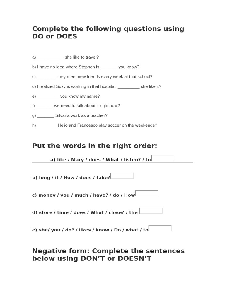 Grammar Exercises: Do, Does, and Sentence Structure | PDF