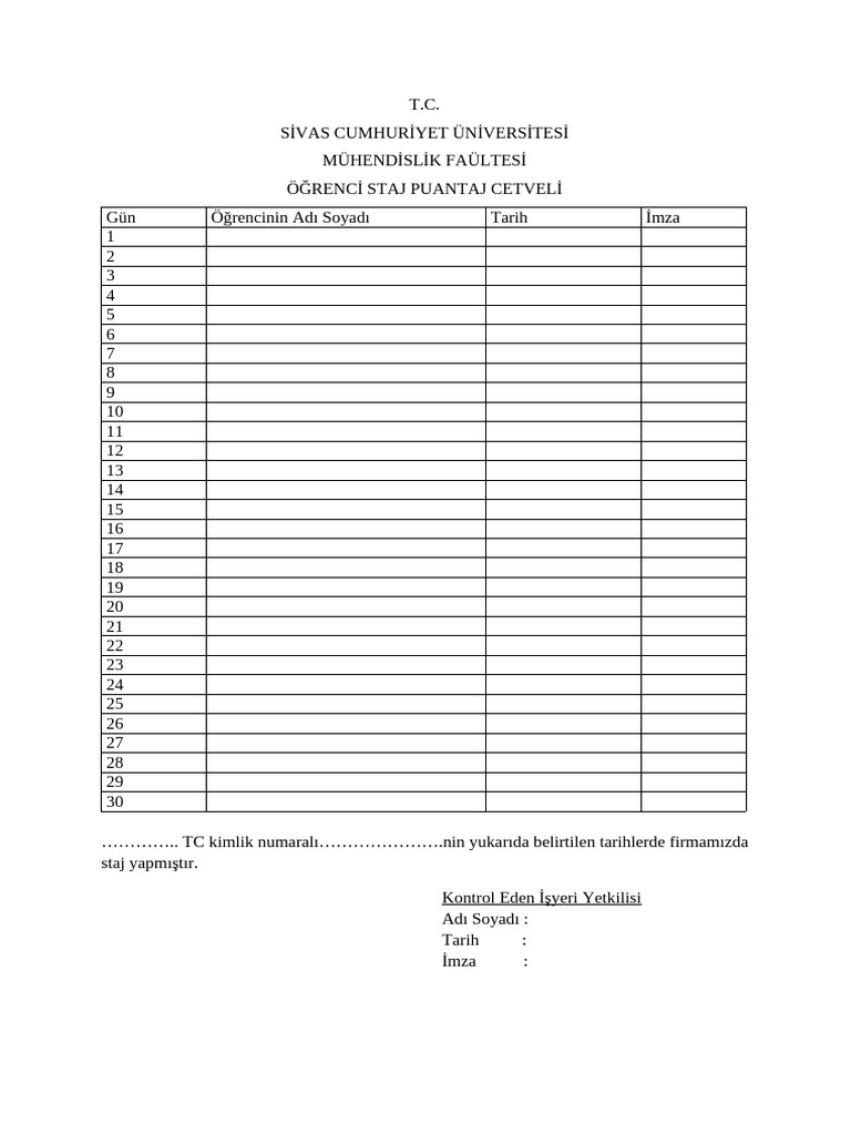 SCU Staj Puantaj Tablosu | PDF