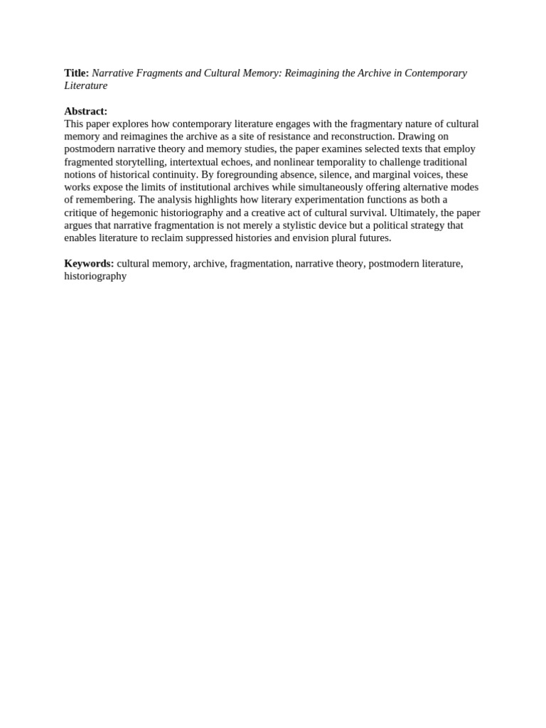 Cultural Memory in Fragmented Narratives | PDF