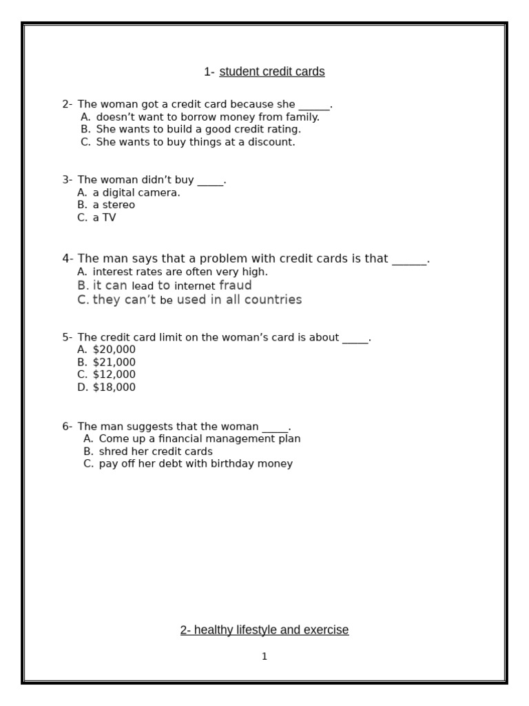Intermediate Listening - Questions | PDF | Credit | Finance & Money ...