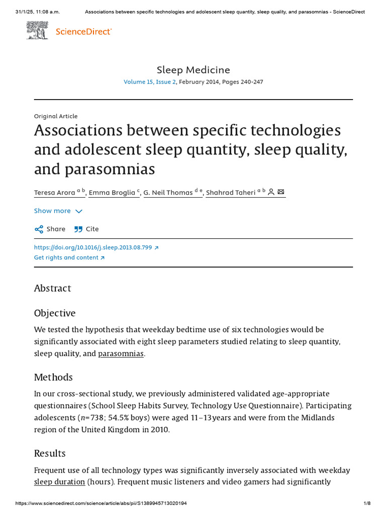 Associations Between Specific Technologies and Adolescent Sleep ...