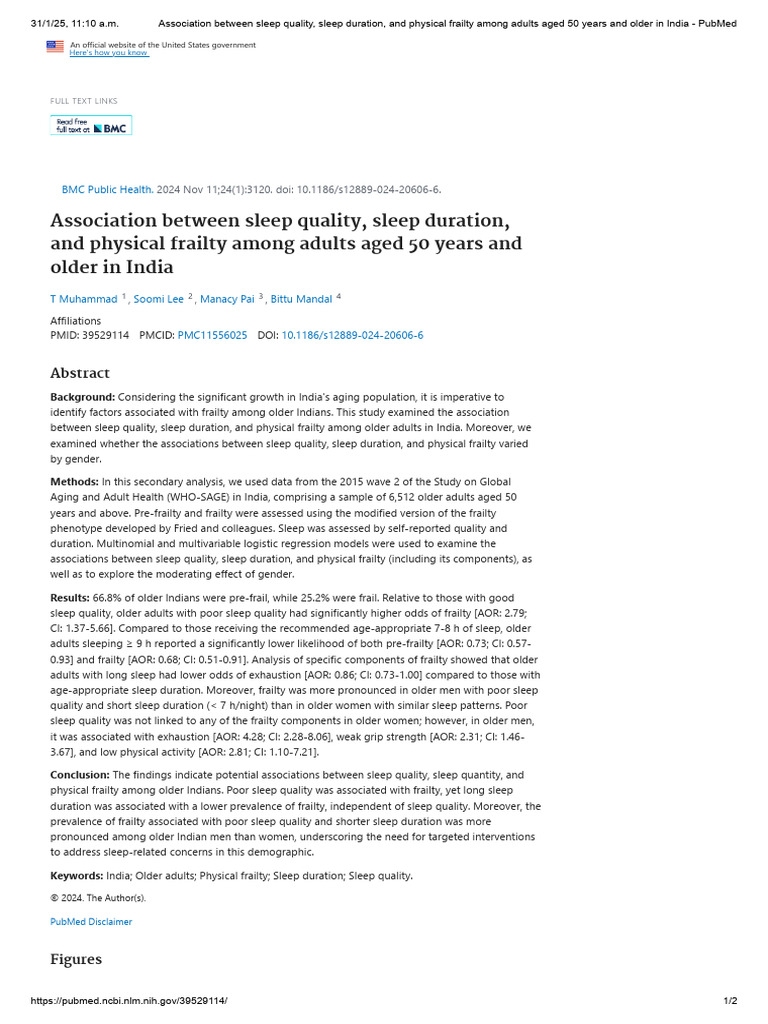 Association Between Sleep Quality, Sleep Duration, and Physical Frailty ...