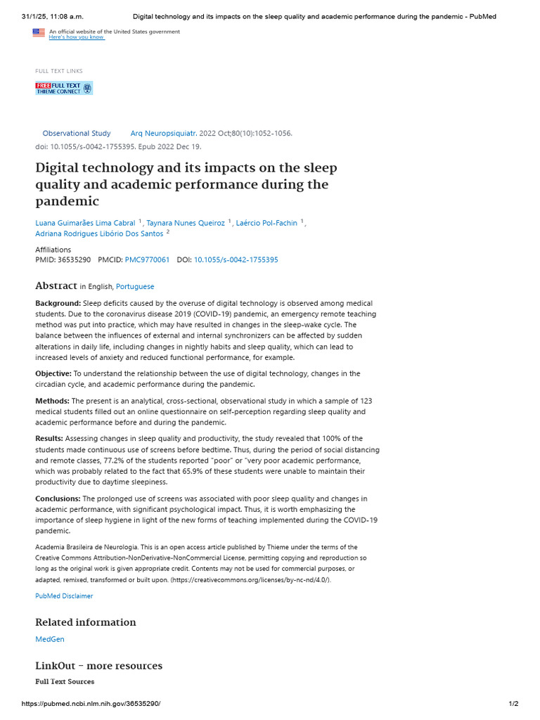 Digital Technology and Its Impacts On The Sleep Quality and Academic ...