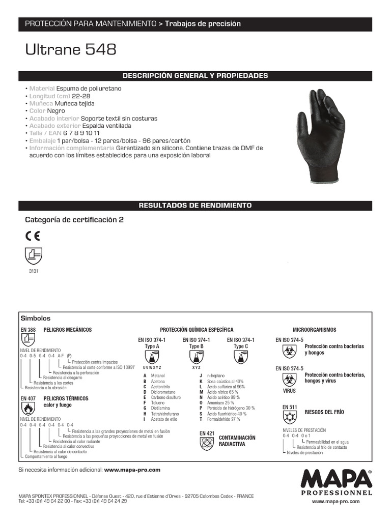 MAPA DataSheet Ultrane 548 Ar-Es | PDF | Guante | Sustancias químicas