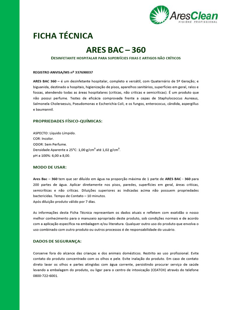 Desinfetante Hospitalar ARES BAC 360 | PDF