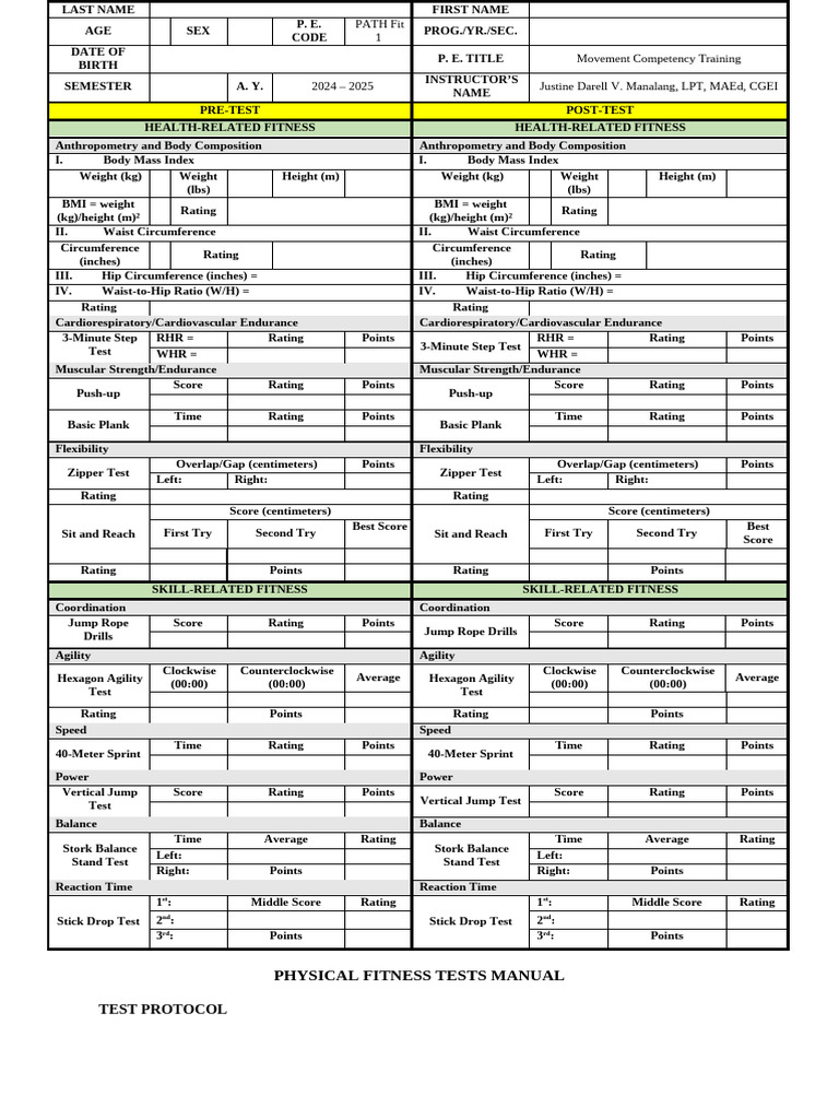 Physical Fitness Tests Protocol Guide | PDF | Body Mass Index | Chair
