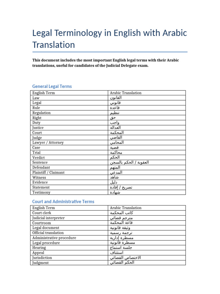 Legal Terminology English Arabic | PDF