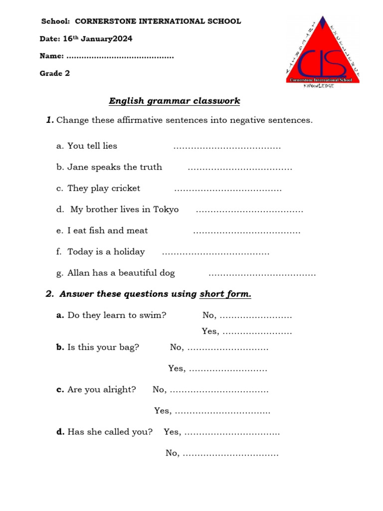 English grammar classwork | PDF