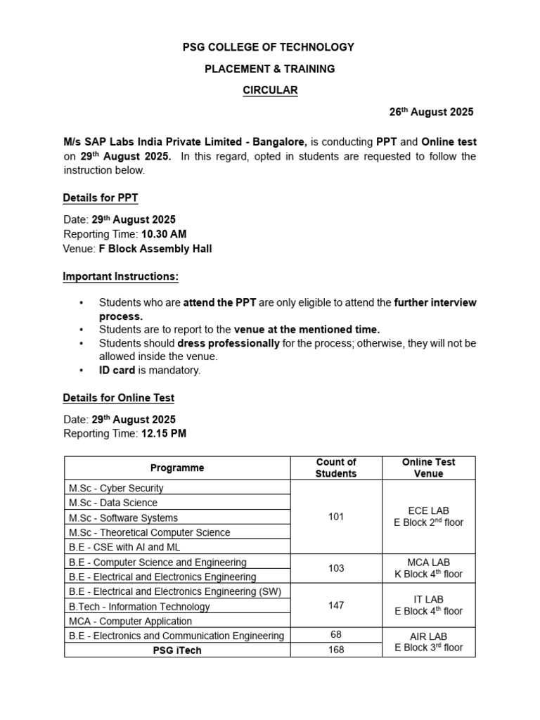 PSG Tech Placement Circular: SAP Labs Test | PDF | Computing | Computer ...