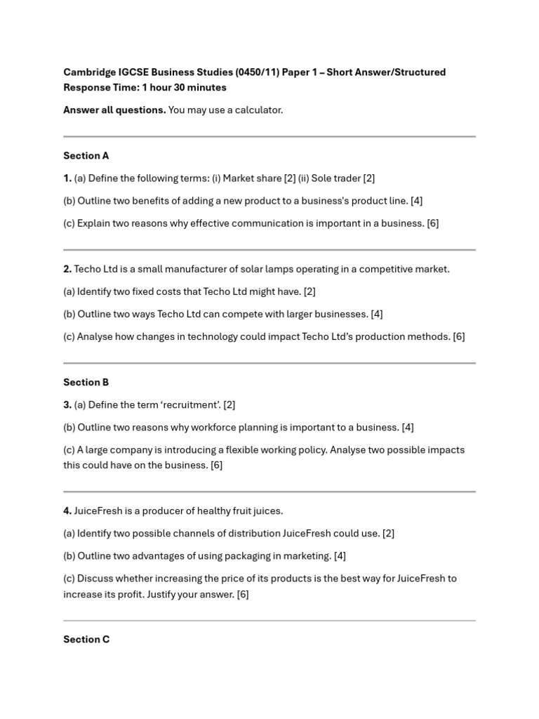 2 0450 Business Studies Paper 1 | PDF