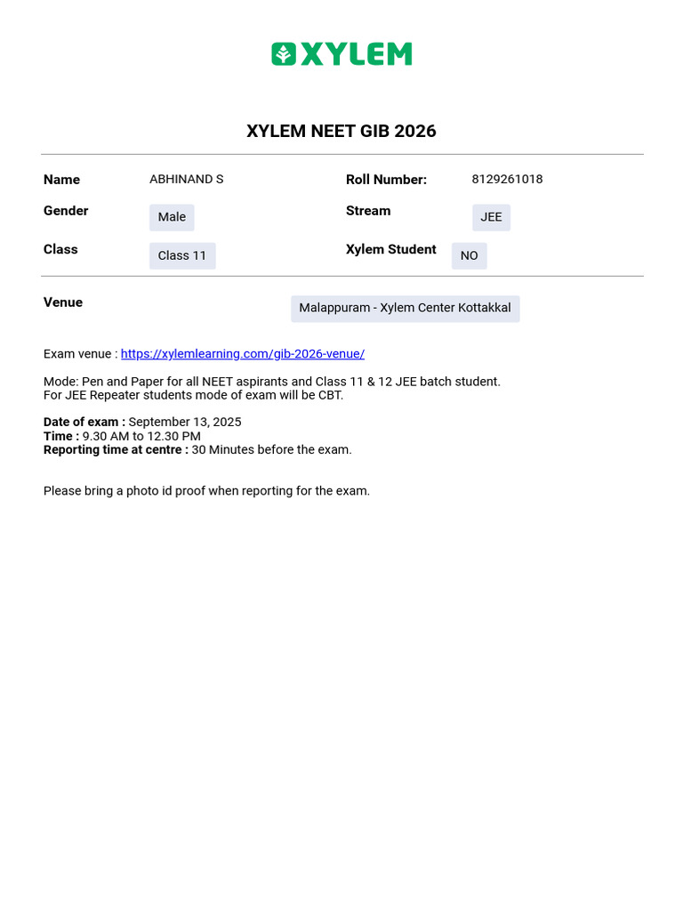 Xylem Neet Gib 2026: Name Roll Number: Gender Stream Class Xylem ...