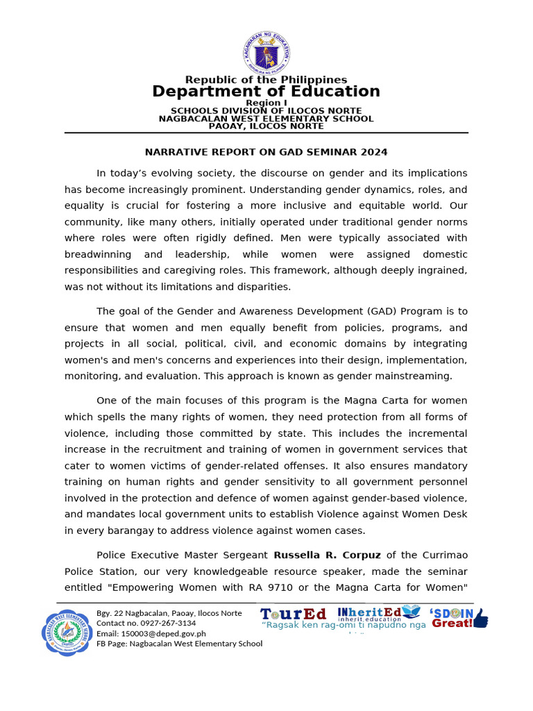 Narrative Report On Gad Seminar 2024 | PDF | Violence Against Women ...