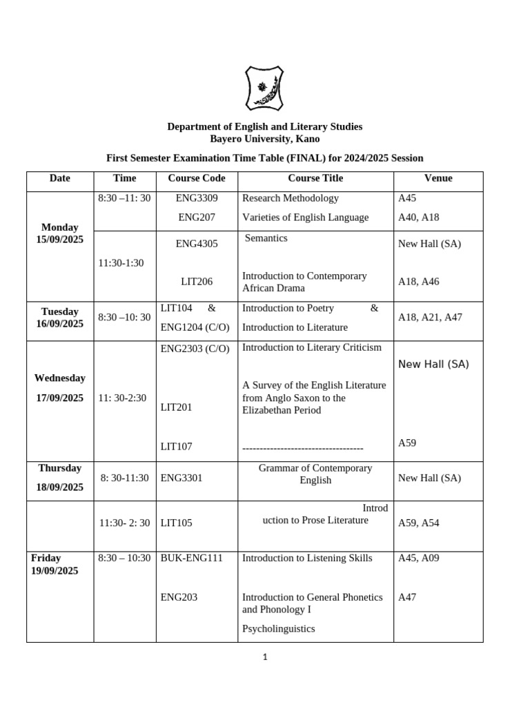 1st Semester FINAL Exam Time Table 2024-2025 | PDF | Liberal Arts Education | Writing