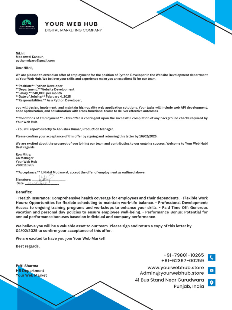 Offer Letter | PDF | Employment | Web Development