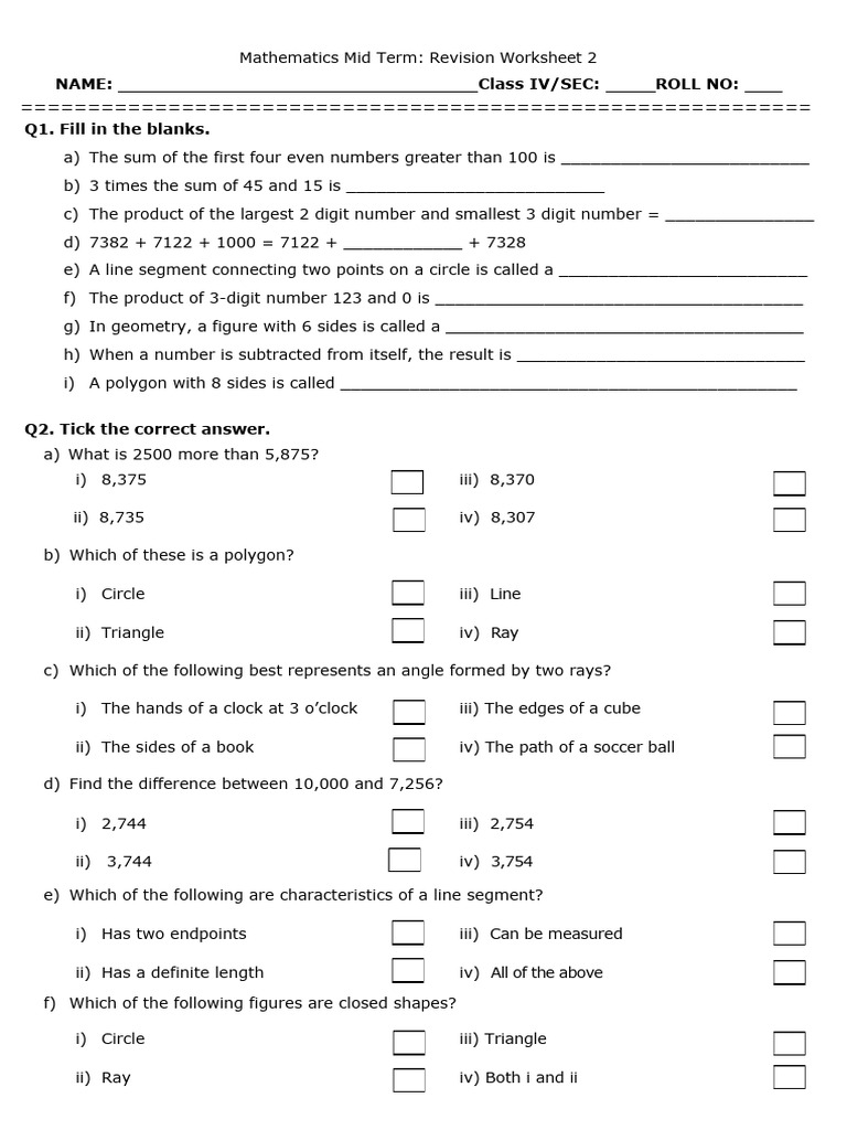 Maths_mid Term Revision Worksheet 2 | PDF | Line (Geometry) | Euclidean ...