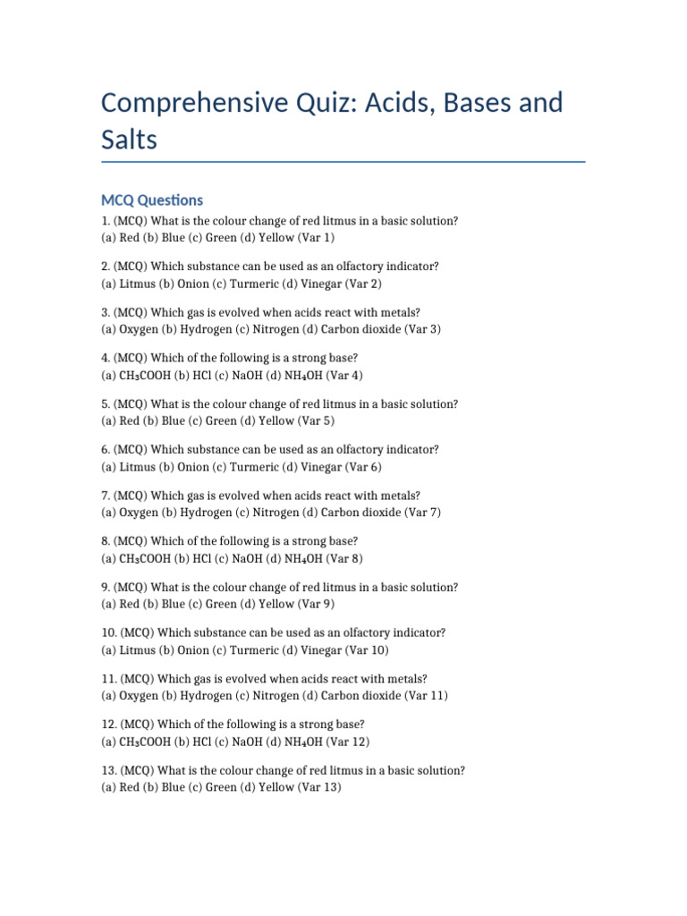 Acids Bases Salts Quiz Unique | PDF | Ph | Acid