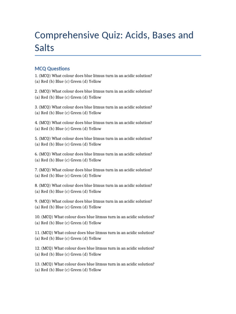 Acids Bases Salts Quiz (2) | PDF | Acid | Aqueous Solution